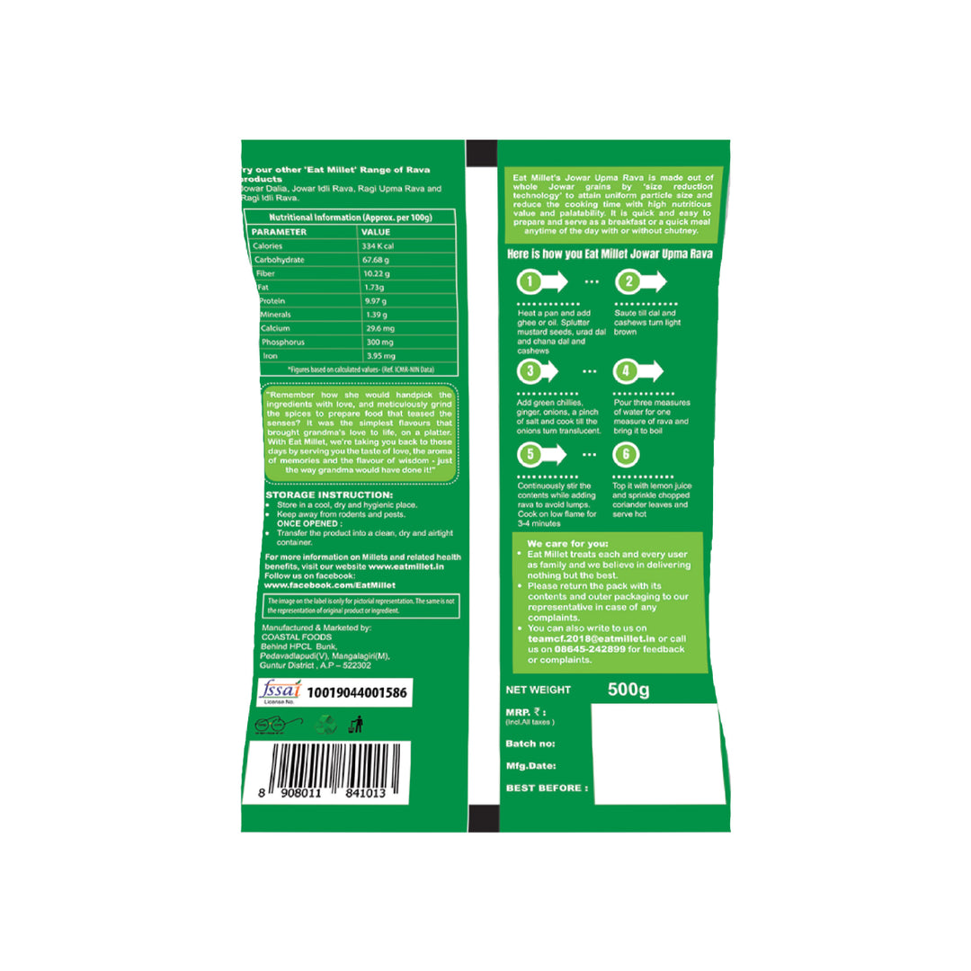 Jowar Upma Rava 500 gms | Gluten Free | 100% Naturally Organic Millets ...