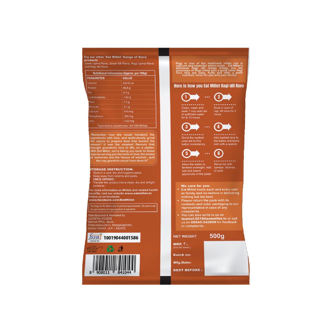 Ragi Idli Rava 500 Gms | Gluten Free | 100% Naturally Organic Millets ...